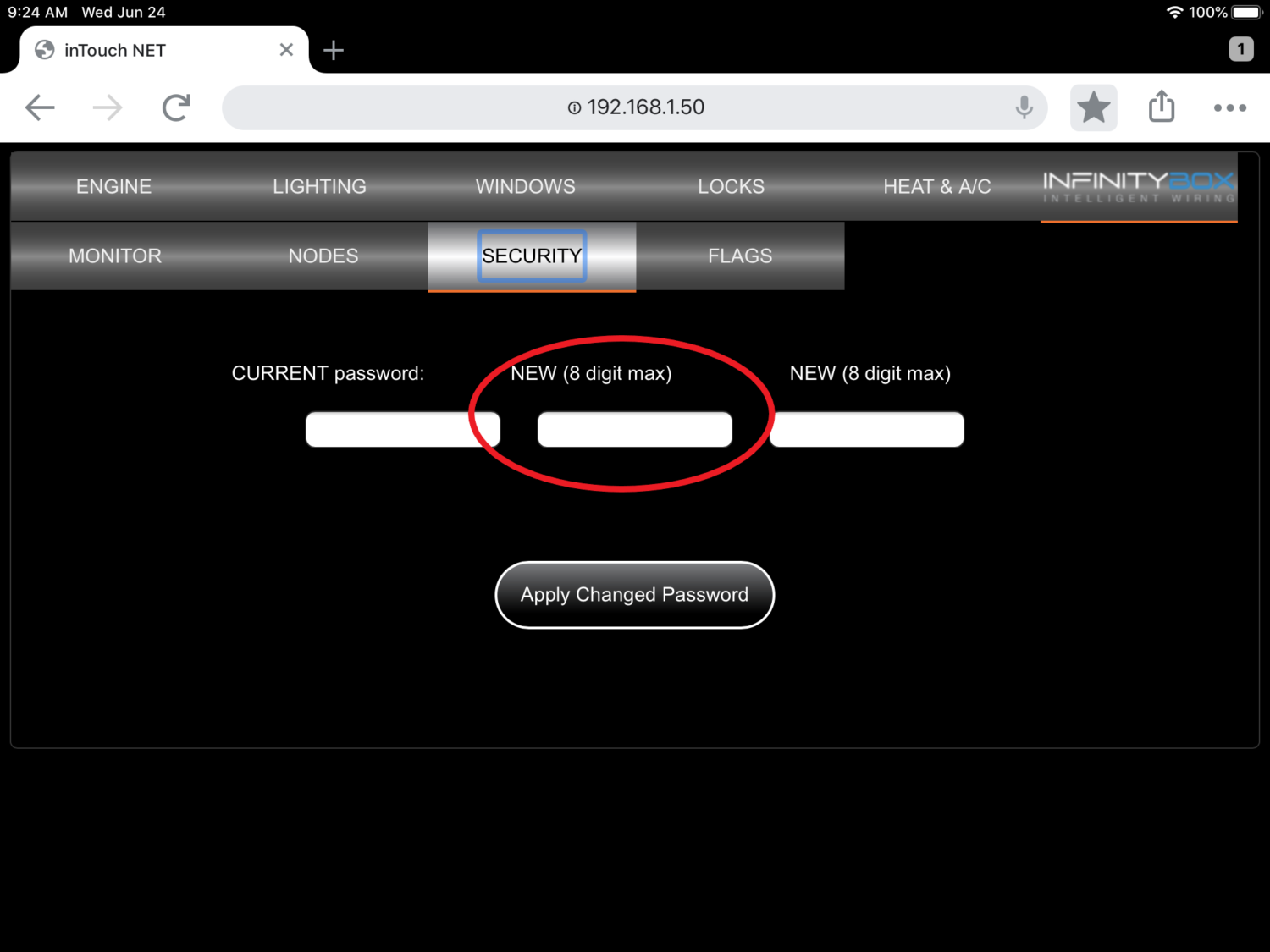 Change inTOUCH NET Password - Infinitybox